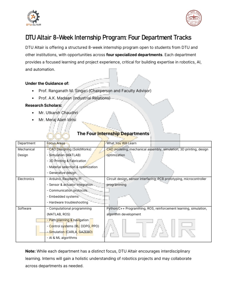 DTU Altair 8-Week Internship Program Brochure | PDF | Robotics | Simulation