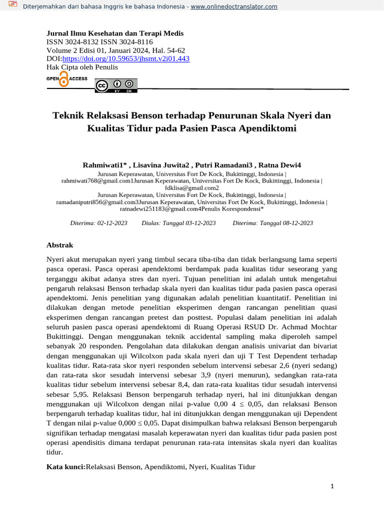Teknik Relaksasi Benson Terhadap Penurunan Skala Nyeri Dan Kualitas ...