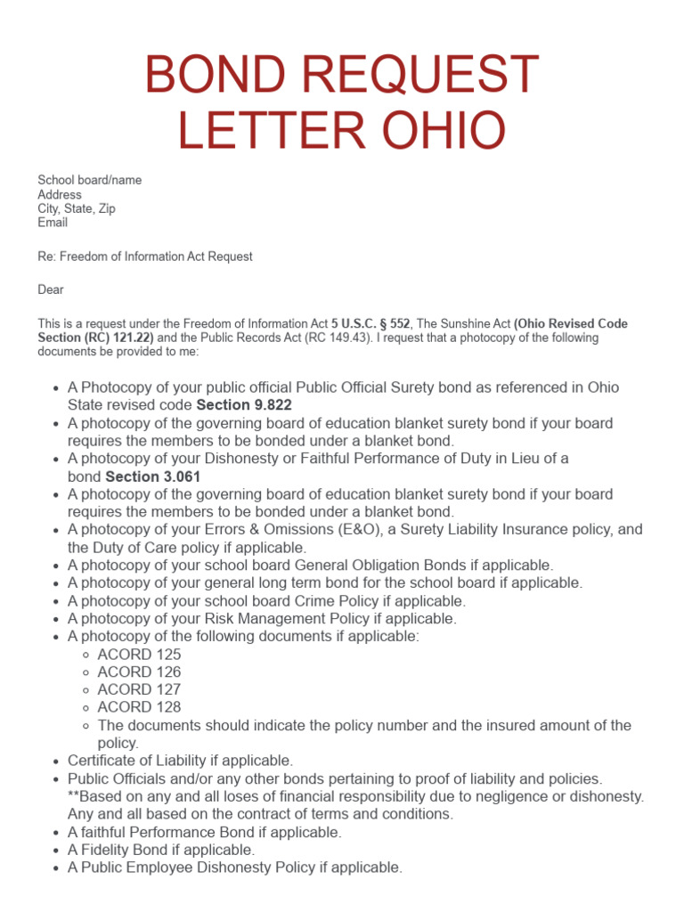 Ohio School Board Bond Request Letter | PDF | Surety | Freedom Of ...