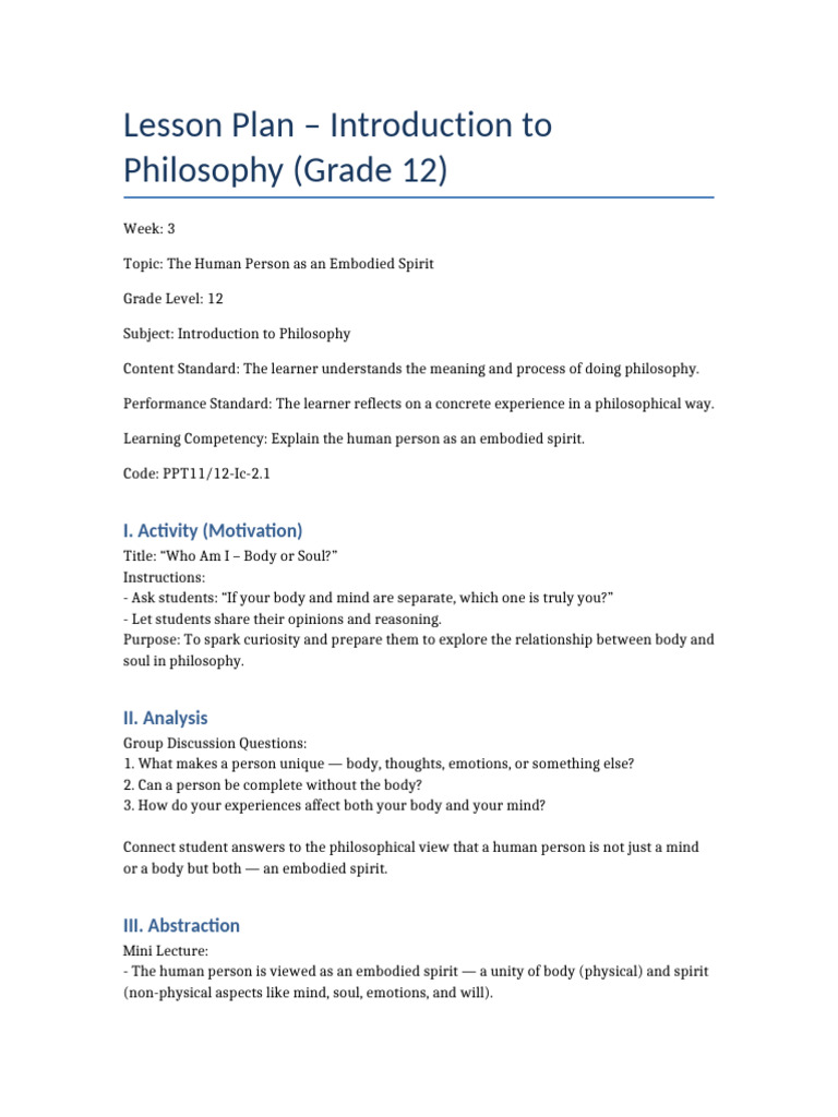 Embodied Spirit: Philosophy Lesson Plan | PDF