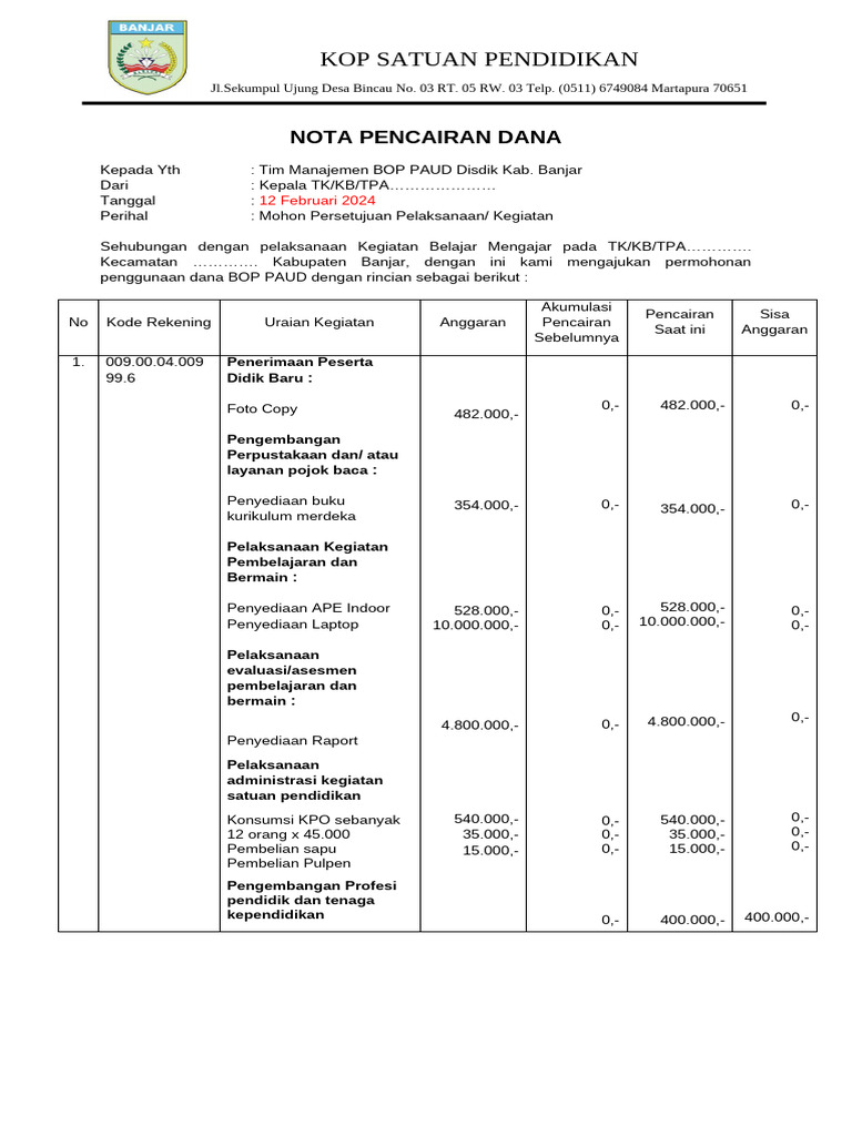 Contoh NPD Bop Paud | PDF
