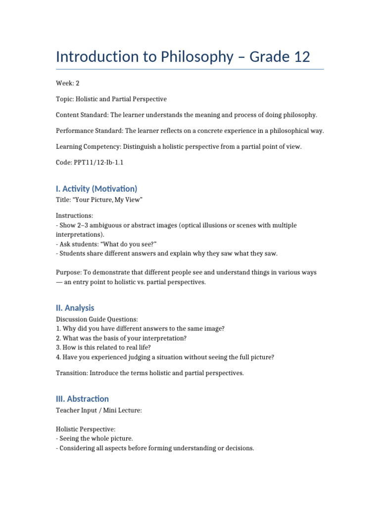 Week 2 Lesson Plan Introduction To Philosophy | PDF