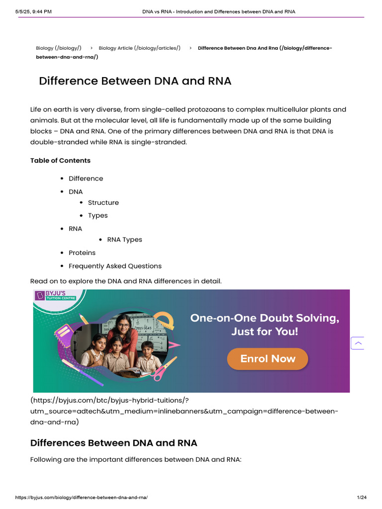 DNA Vs RNA - Introduction and Differences Between DNA and RNA | PDF ...