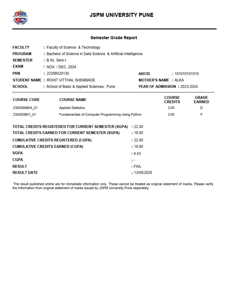 JSPM University Pune: Semester Grade Report | PDF | Computing