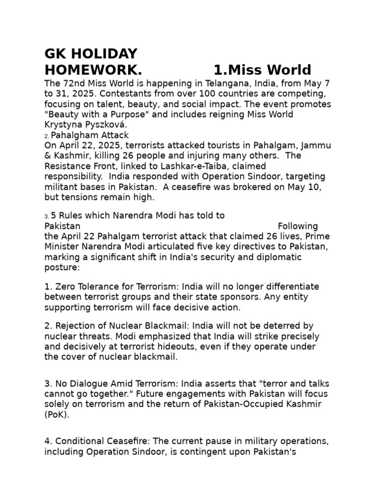 GK Holiday Homework. 1.miss World | PDF | Heat Wave