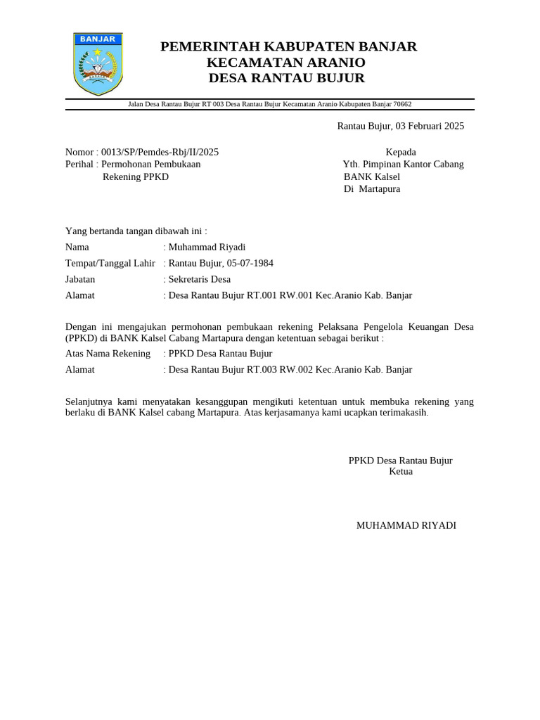 Surat Permohonan Buka Rek Ppkd-1 | PDF