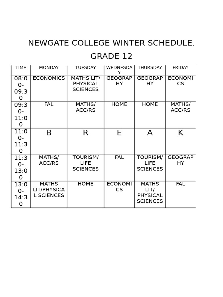 Newgate College Grade 12 Winter Schedule | PDF