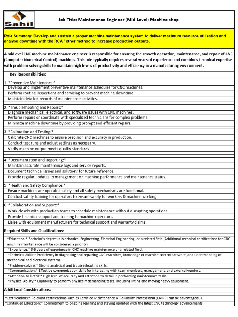Maintenance Engineer (Mid-Level) Machine Shop | PDF | Numerical Control | Technical Support
