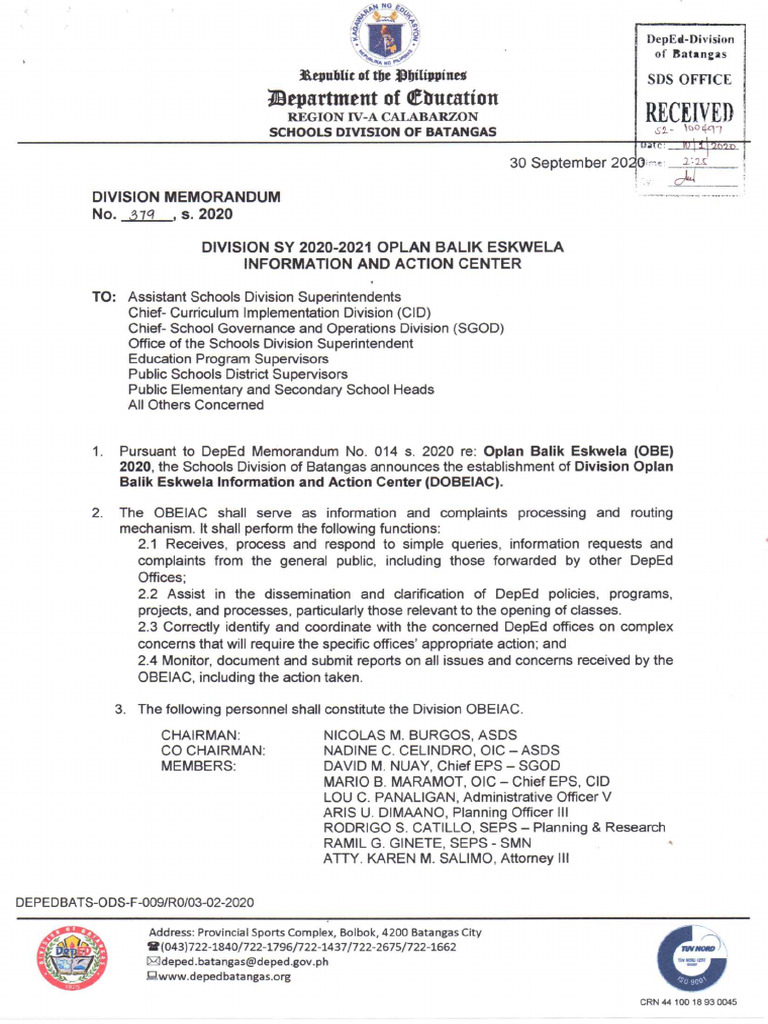 Division Memorandum s2020 379 | PDF