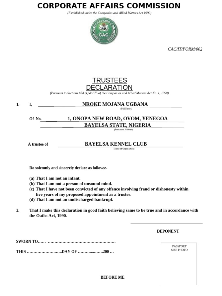 Editable - Trustees Declaration Form | PDF | Notary Public | Chess