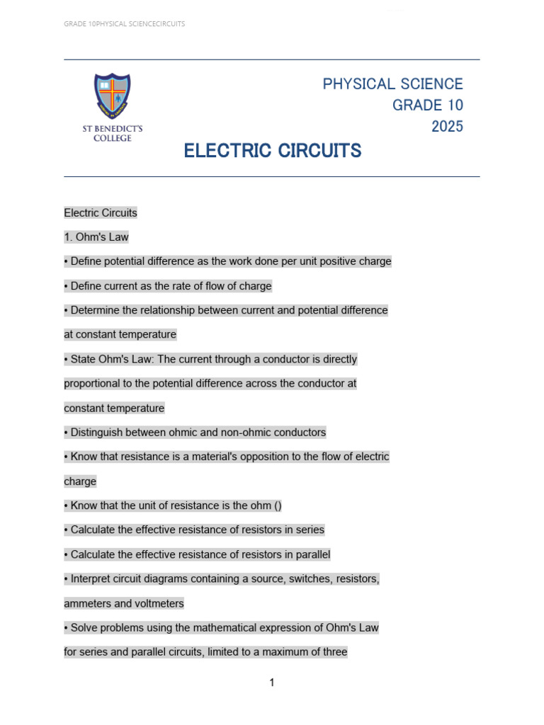 Grade 10 Electric Circuits Guide | PDF | Voltage | Electric Current