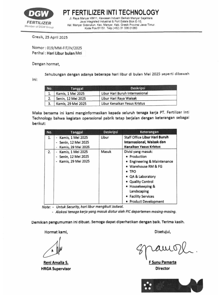 No. 019MM-FITIV2025 - Memo Libur Bulan Mei 2025 | PDF
