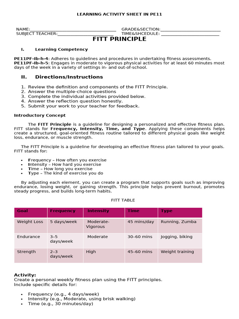 Understanding the FITT Principle in PE | PDF | Physical Fitness ...