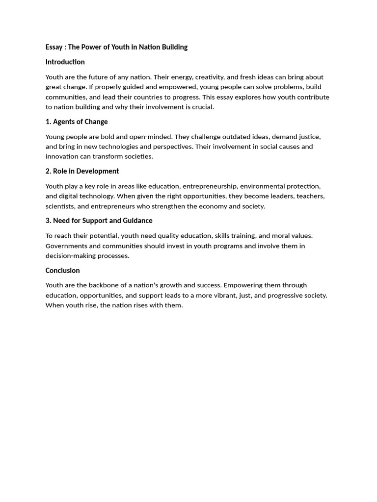 Essay On The Power of Youth in Nation Building (Great As Referrance) | PDF