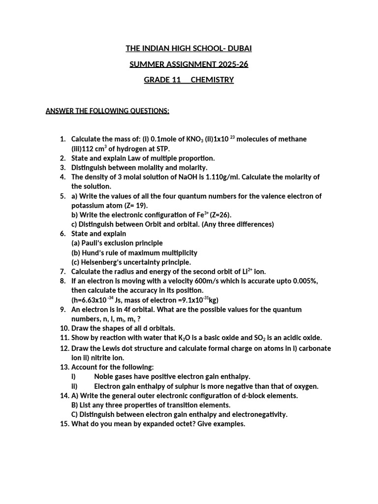 Grade 11 Chemistry Summer Assignment 2025-26 | PDF