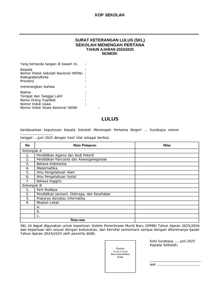 Contoh Format SKL SMP | PDF