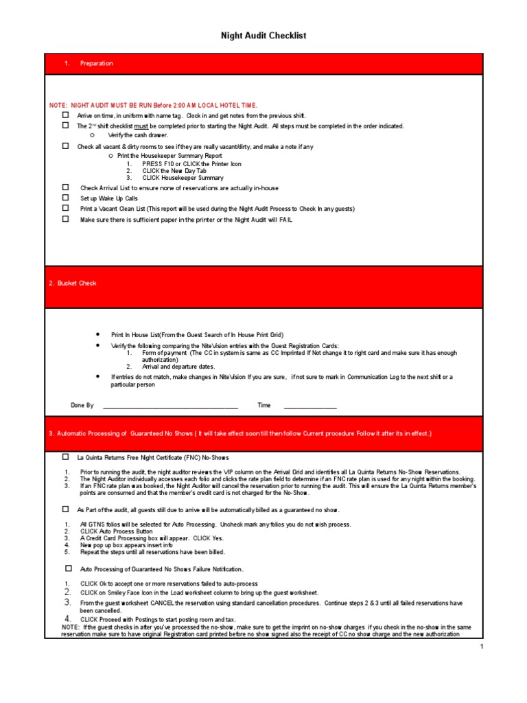 Night Audit Check List | Credit Card | Business