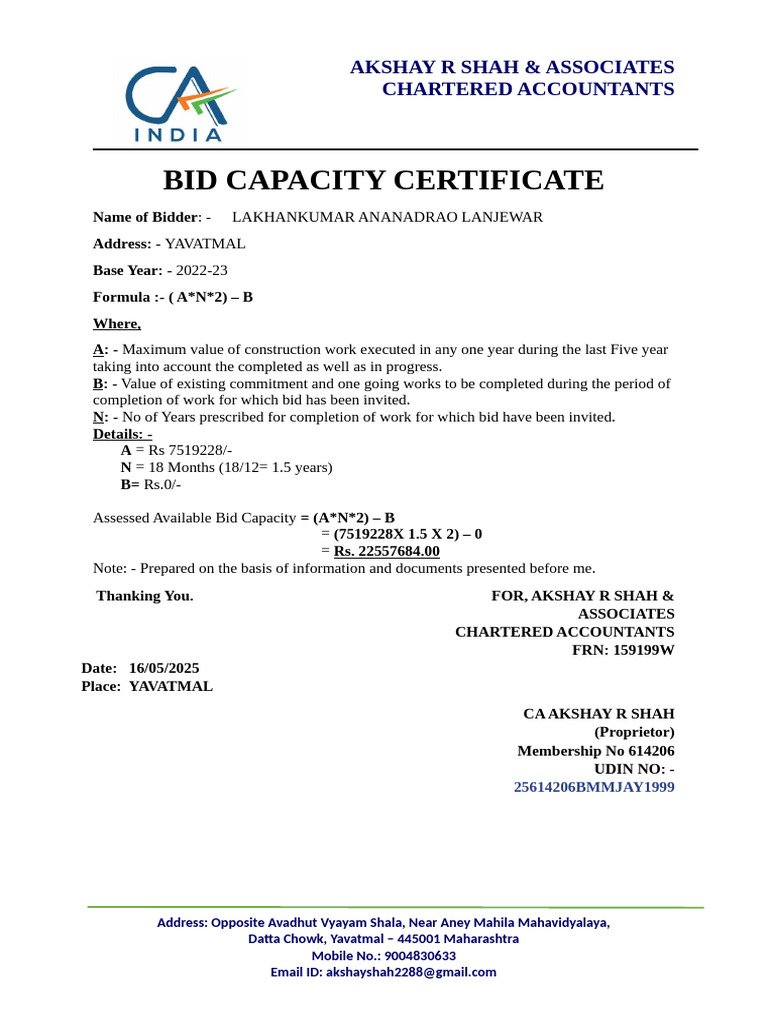Bid Capacity Certificate for Lanjewar | PDF