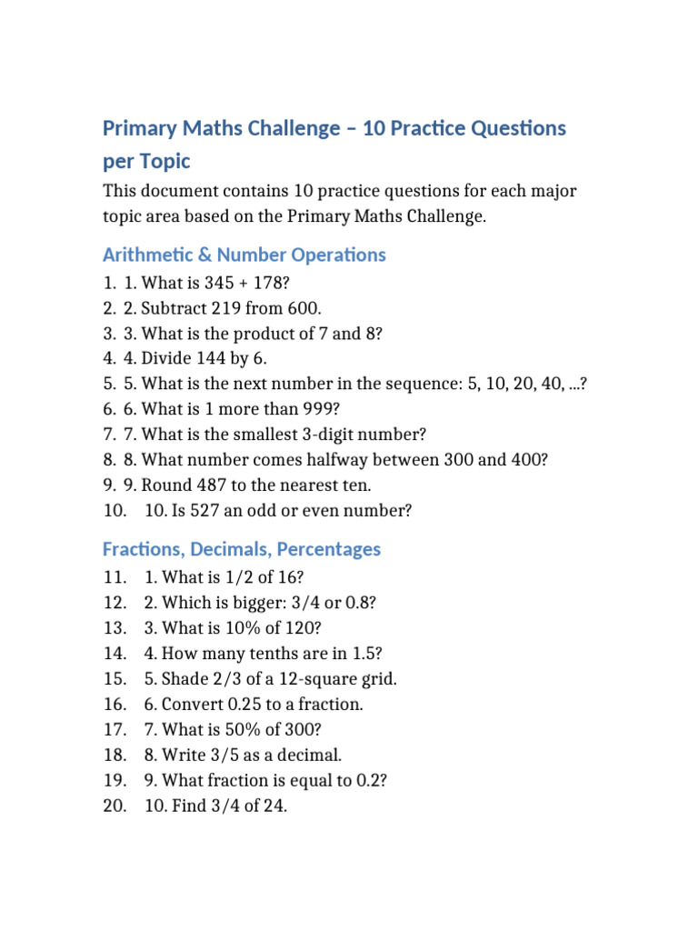 Primary Maths Challenge Practice Questions | PDF