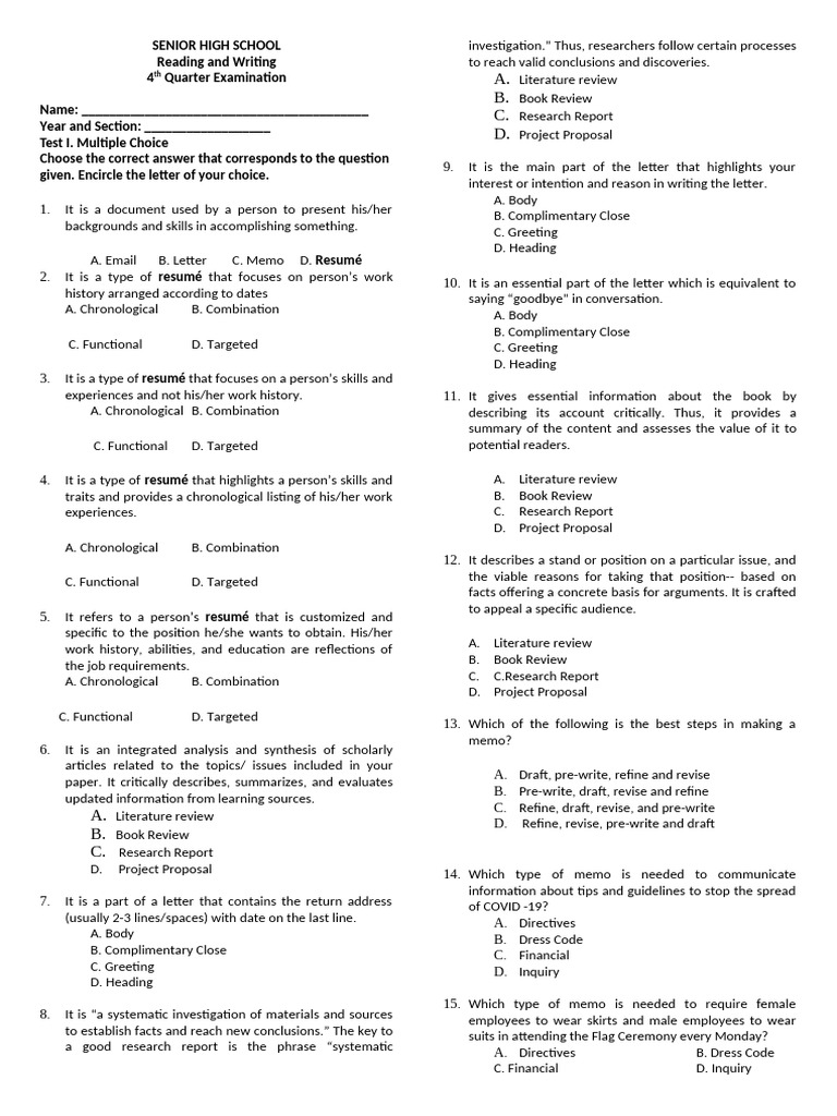 Senior High School Reading Exam Guide | PDF | Résumé | Memorandum