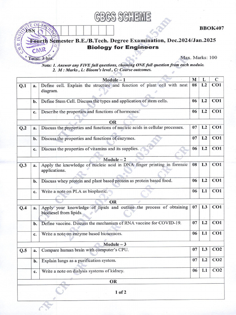 VTU Question Paper of BBOK407 Biology For Engineers Dec-2024-Jan-2025 ...