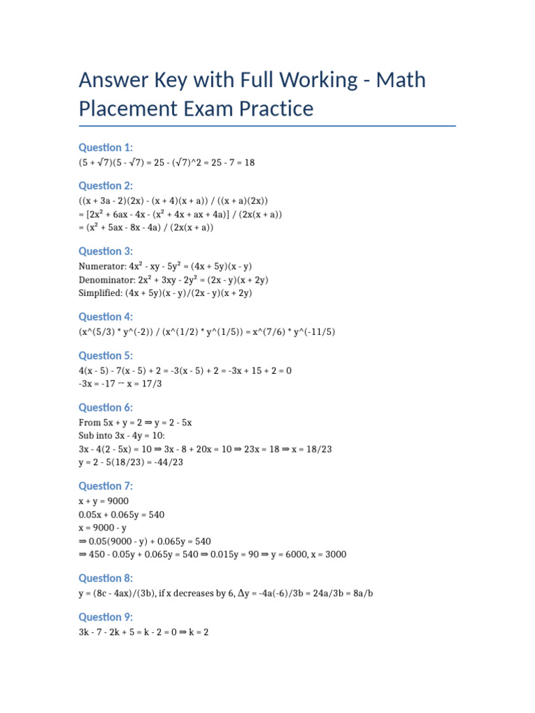 Math Placement Exam Answer Key | PDF | Algebra | Mathematical Objects