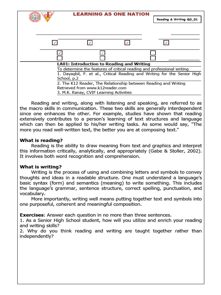Reading and Writing Skills Overview | PDF | Semantics | Literacy