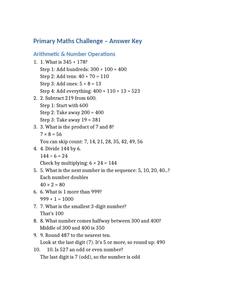 Primary Maths Challenge Answer Key | PDF | Elementary Geometry ...