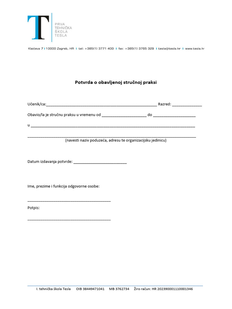 Potvrda o Obavljenoj Strucnoj Praksi Ucenika | PDF
