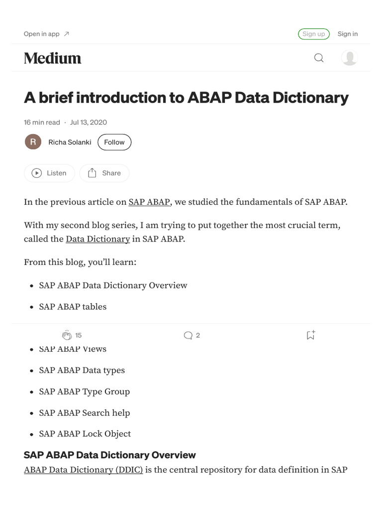 A Brief Introduction To ABAP Data Dictionary by Richa Solanki Medium | PDF | Databases | Computing