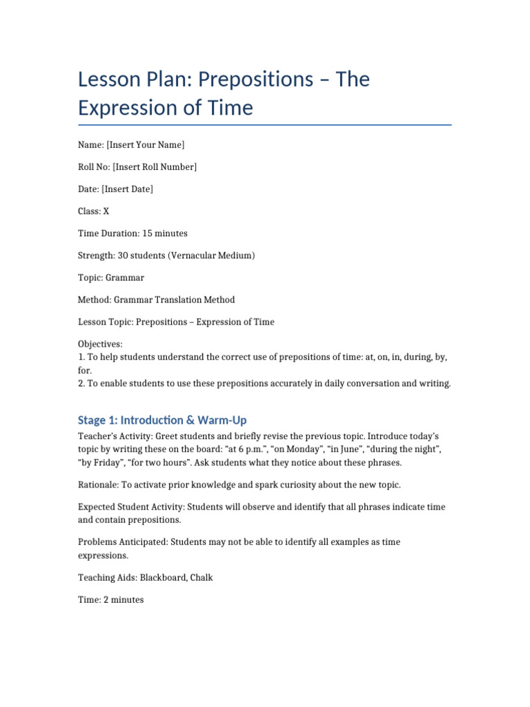 Lesson Plan Prepositions | PDF | Worksheet | Linguistics
