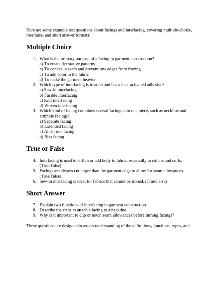 Test Questions About Facings and Interfacing | PDF