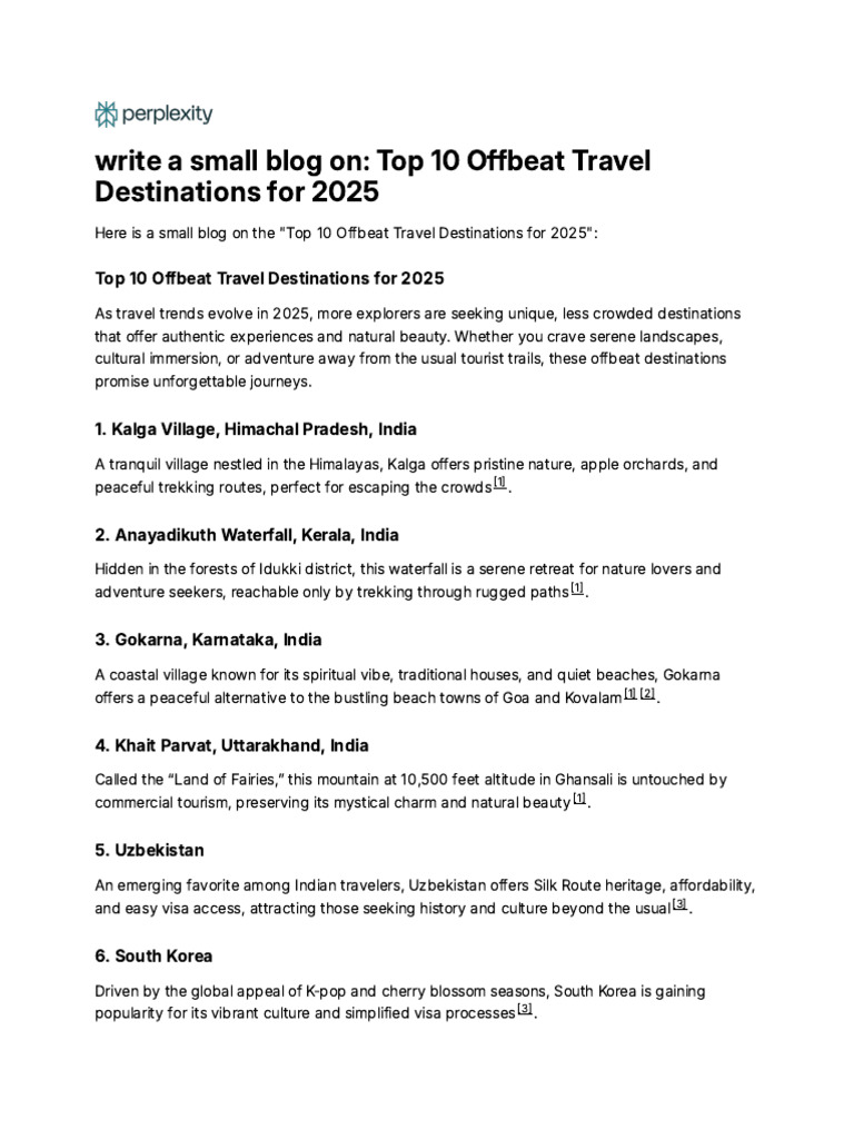 Write A Small Blog On - Top 10 Offbeat Travel Desti | PDF | Tourism
