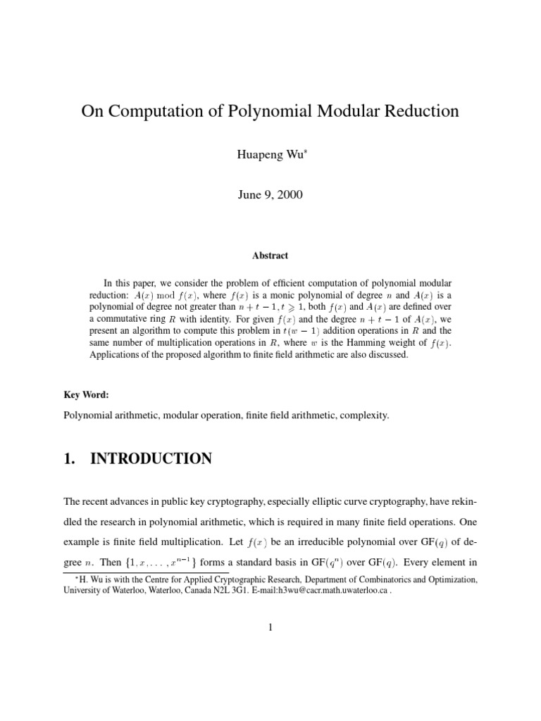 An Efficient Algorithm for Computing Polynomial Modular Reduction with Complexity Analysis and ...