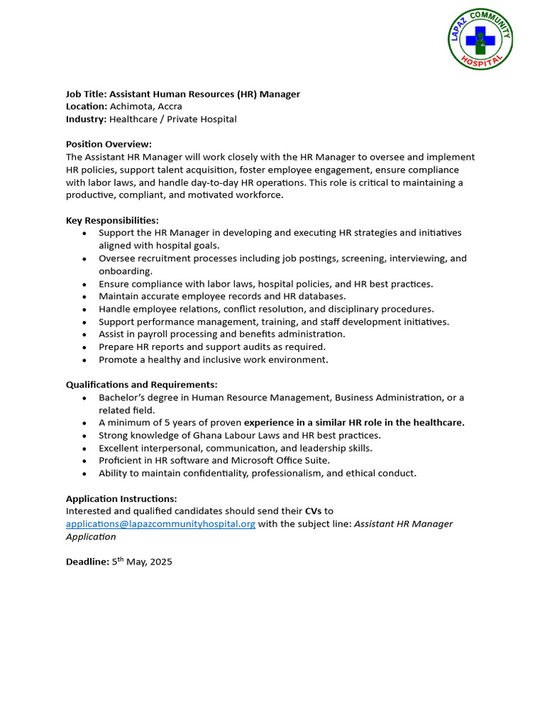 Assistant HR Manager - Job Advert | PDF