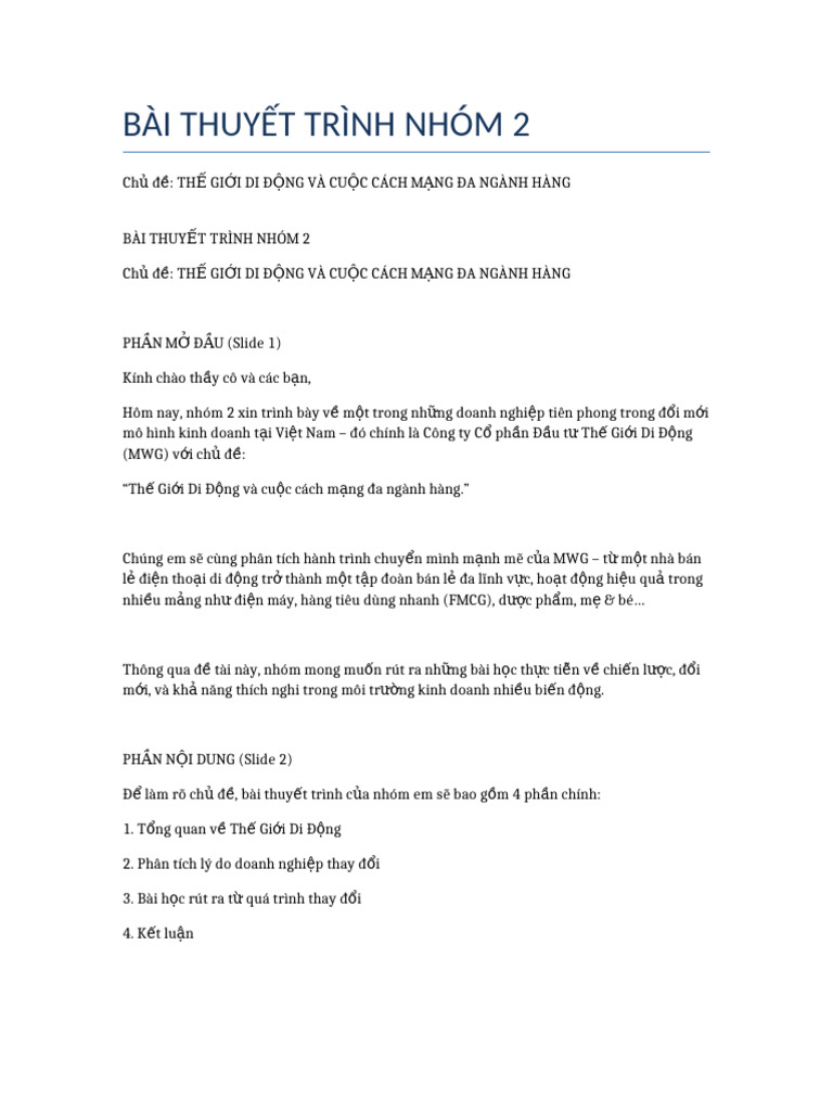 Bai Thuyet Trinh MWG Nhom2 | PDF