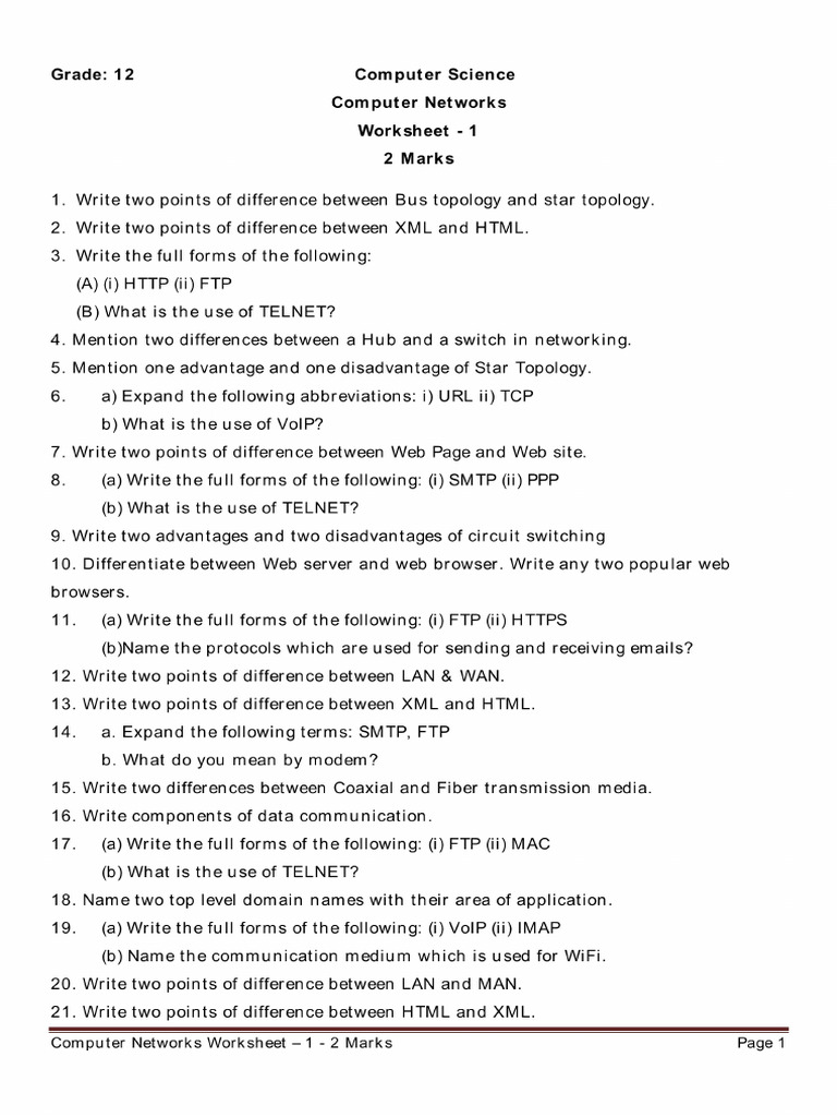6 Computer Network - Worksheet 1 - 2 Marks - 250525 - 121310 | PDF