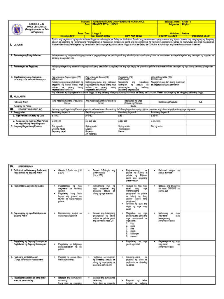 DLL - FILIPINO 9 2ngd Grading (Topic 2) | PDF