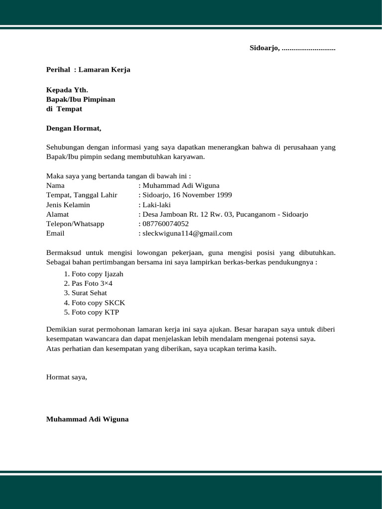 Surat Lamaran Kerja Muhammad Adi Wiguna | PDF