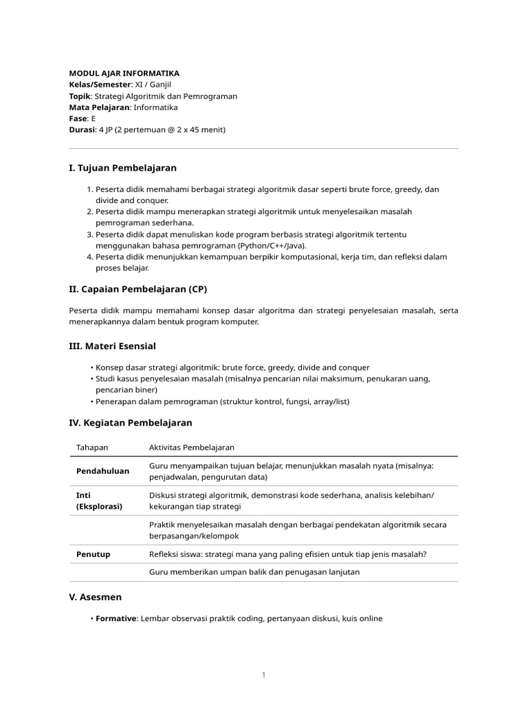 Modul Ajar Strategi Algoritmik Kelas XI | PDF