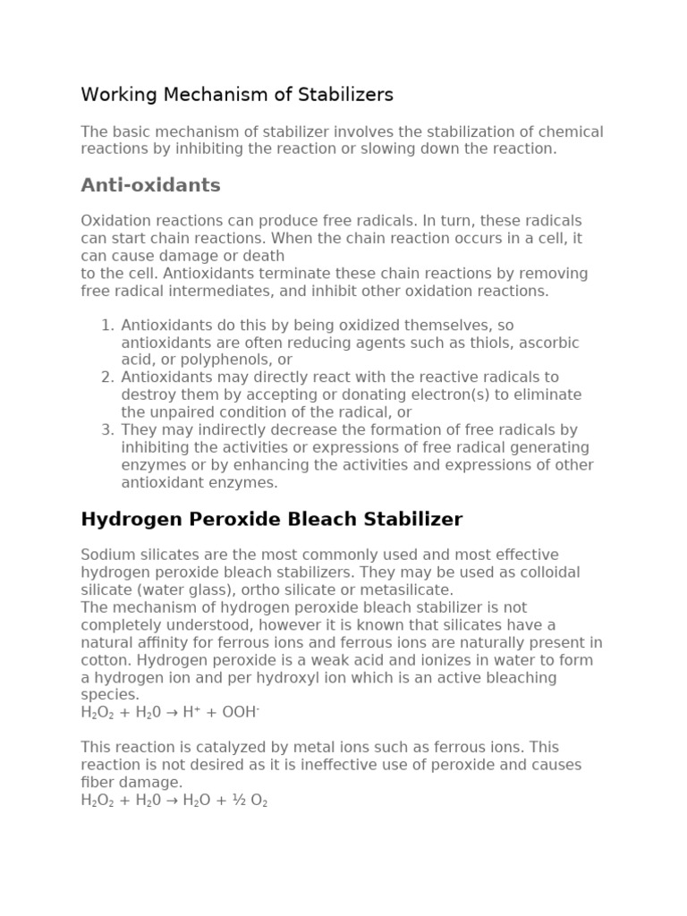 Mechanisms of Stabilizers in Bleaching | PDF | Hydrogen Peroxide ...