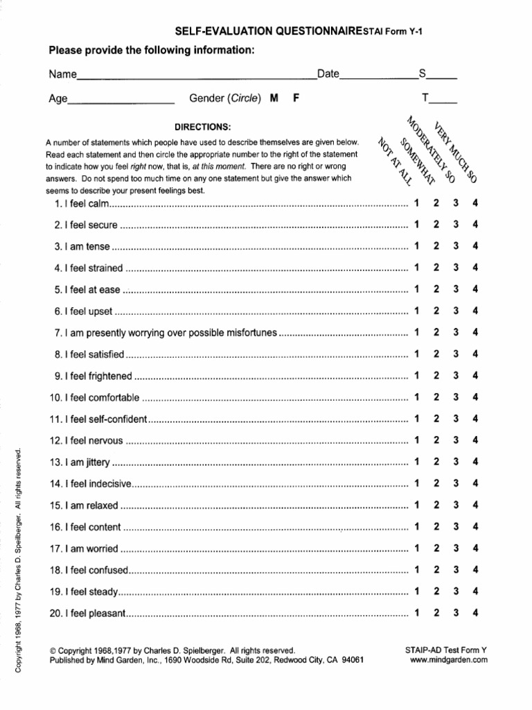 State Trait Anxiety Inventory 1 5 | PDF
