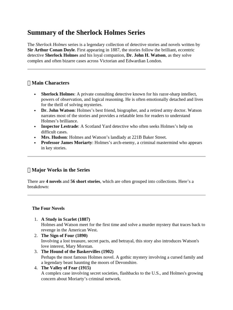 Summary of Sherlock Holmes Series | PDF | Sherlock Holmes | Dr. Watson