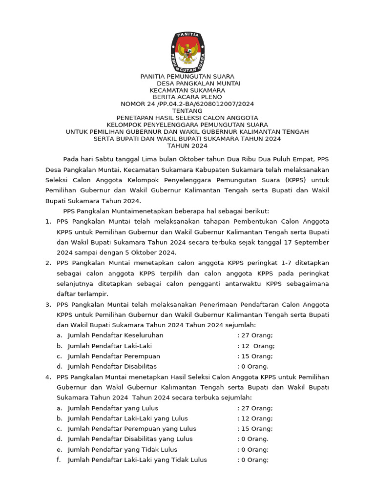 0 Berita Acara Pps Penetapan Hasil Seleksi Kpps | PDF