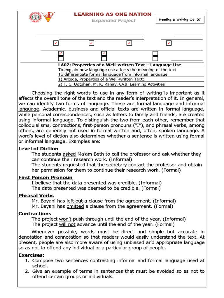 RW LAS 7 Properties of A Well-Written Text - Language Use | PDF ...