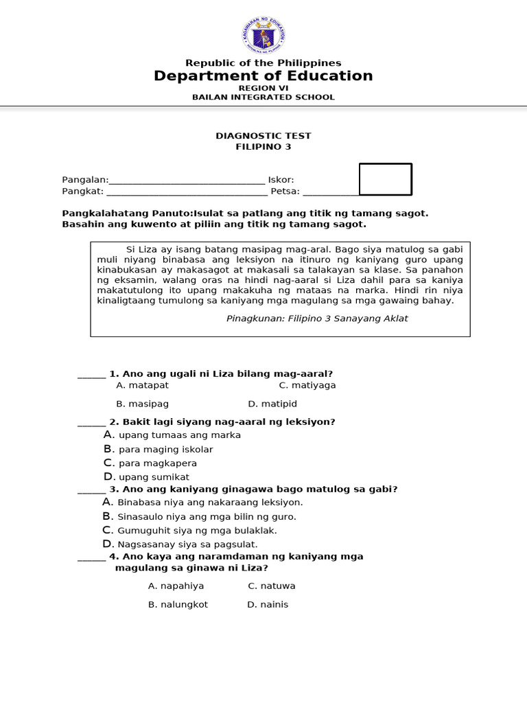 Diagnostic Test Filipino 3 | PDF