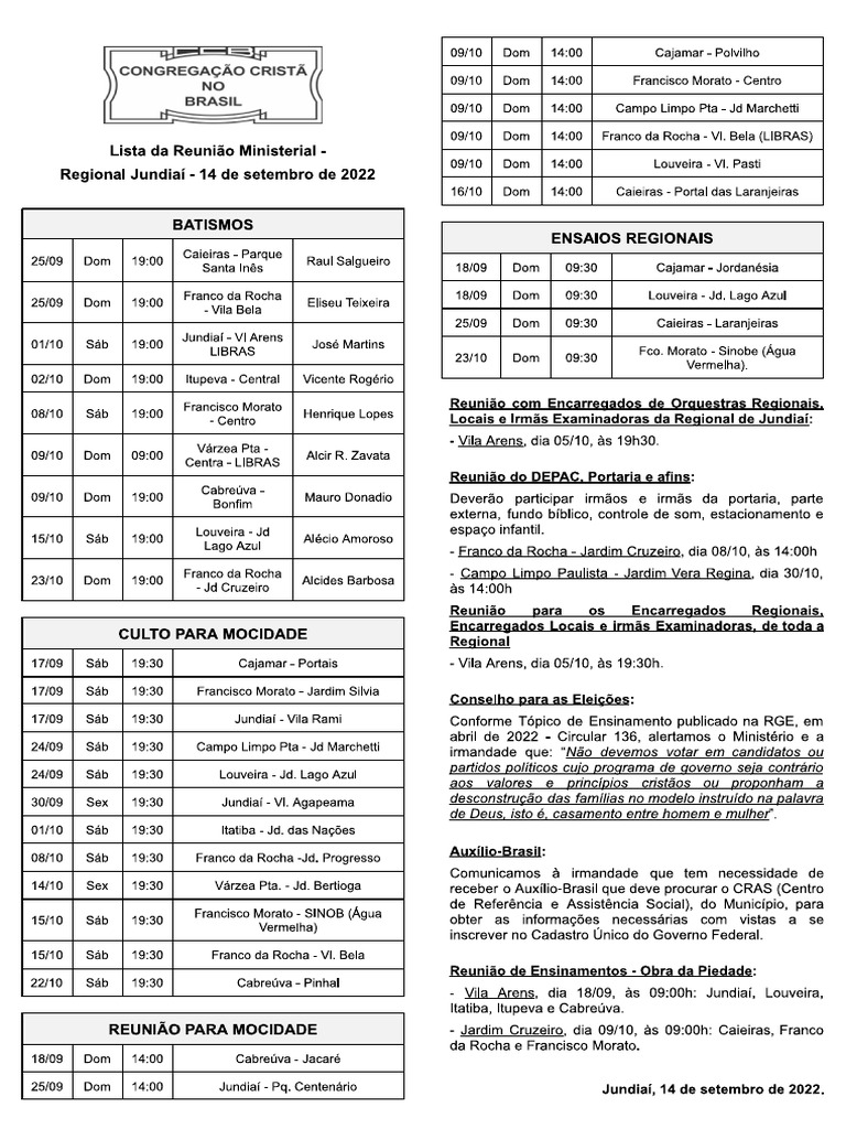 14-09-2022 - Lista de Batismos e Diversos - Jundia e Regi o - SP PDF | PDF