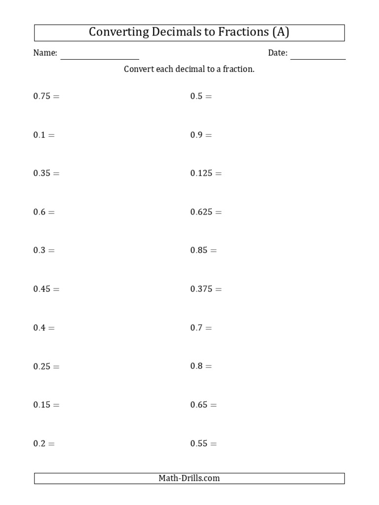 Decimals Worksheet - Converting Terminating Decimals To Fractions | PDF