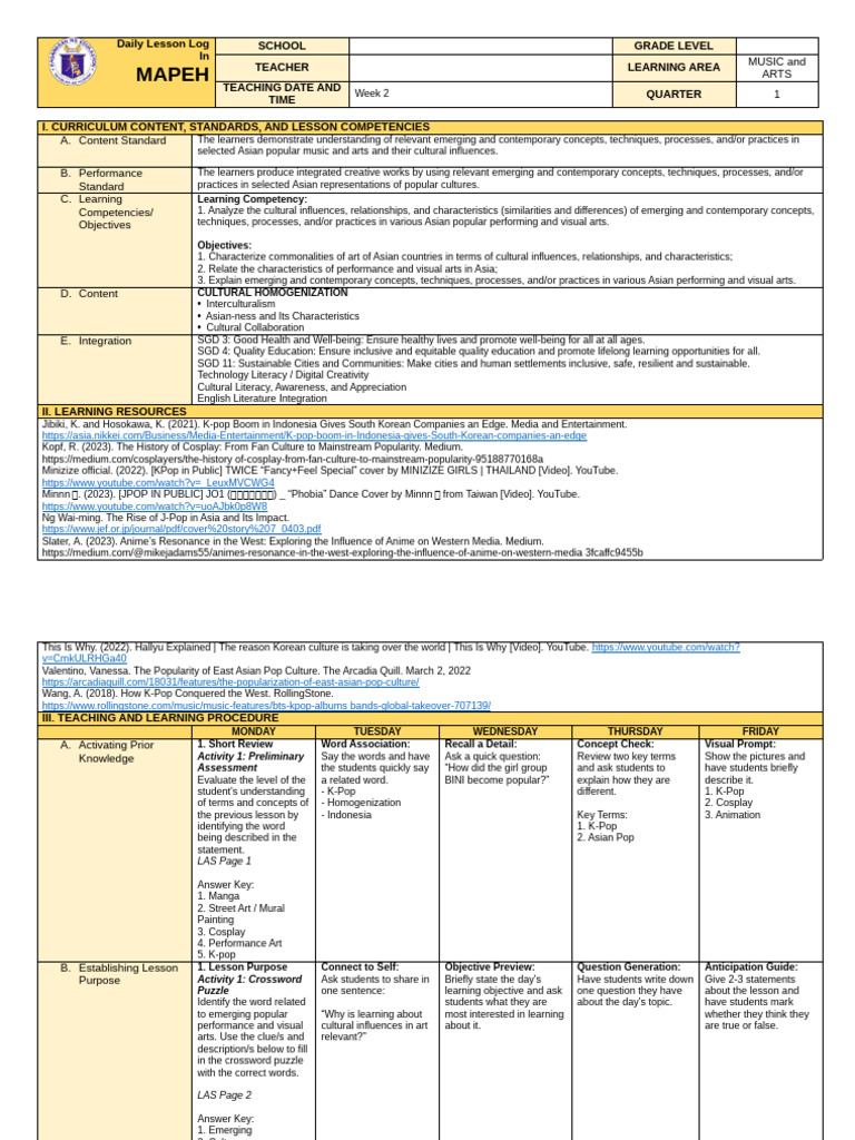 DLL - Music and Arts Week 3-4 | PDF | Learning | Human Communication