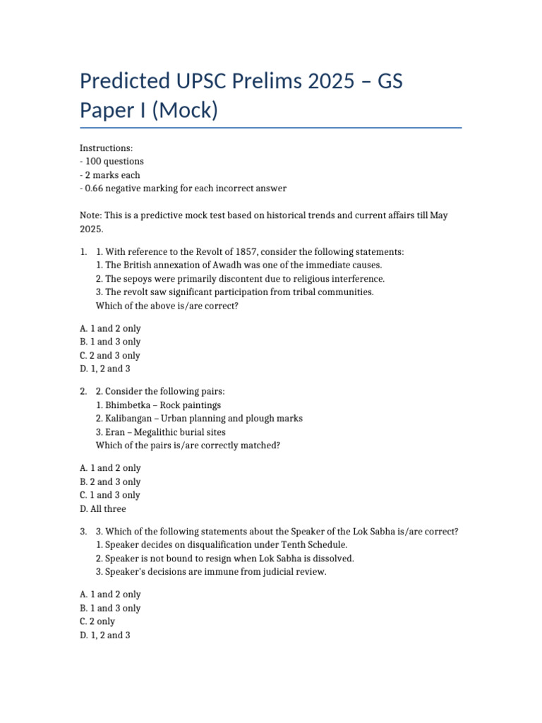 UPSC Prelims 2025 GS Paper I Mock Test | PDF | Economies